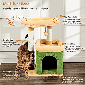 Innsfurr Small Cat Tree for Indoor Cats, Cat Scratching Post with Cat Condo Cat Tower for Multiple Cats, Plush Cozy Perch | Cat Massage Brush | Activity Hanging Pompoms for Kittens, Green