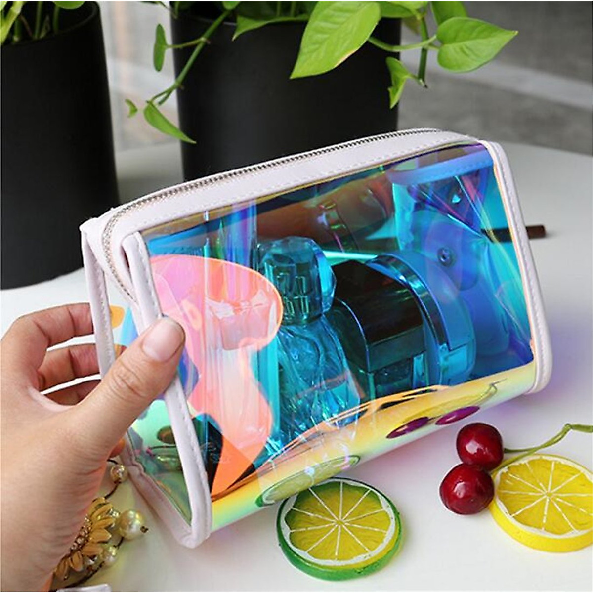 Susanki Holographic Transparent Makeup Case Clear Cosmetic Bag Organizer for Women