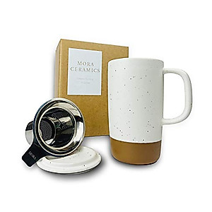 Mora Ceramics Large Tea Mug with Loose Leaf Infuser and Ceramic Lid, 18 oz, Portable, Microwave and Dishwasher Safe, Tall Coffee Cup - Rustic Matte Ceramic Glaze, Modern Herbal Tea Strainer, Cotton