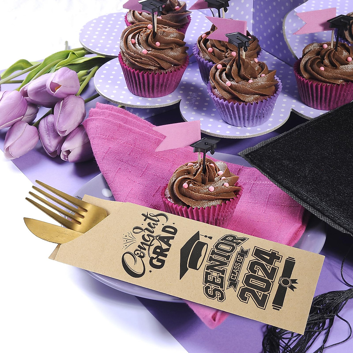 Ireer 100 Pcs Class of 2024 Graduation Paper Silverware Bags Utensil Holder for Graduation Party Supplies Pocket Sleeves for College Senior High School Congrats Grad Table Centerpiece Decor (Brown)