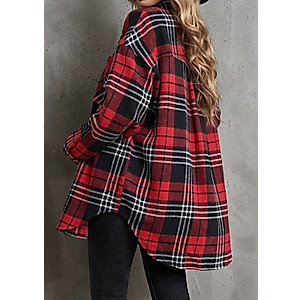 BTFBM Women's Long Sleeve Button Down Jackets Plaid Flannel Shirts Tops Casual Lapel V Neck Oversized Shackets Blouses Top (X-Large, Plaid Print Red)