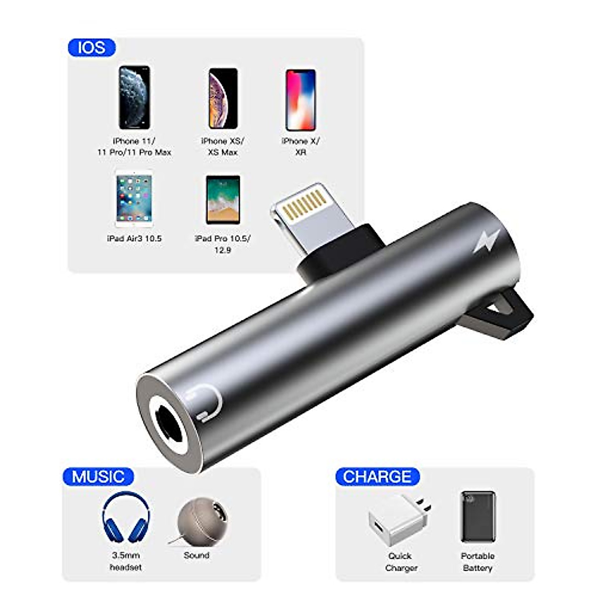 Headphone Adapter Lightning to 3.5mm AUX Audio Jack and Charger Extender Dongle Earphone Headset Splitter Compatible with iPhone 12 Mini 11 pro max xs xr x se2 7 8 Plus for Ipad Air Cable Converter