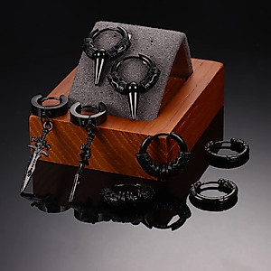 SAILIMUE 8Pairs Surgical Stainless Steel Huggie Hoop Earrings For Men Women Hypoallergenic Punk Hip Hop Cool Goth Earrings Black Silver Vintage Feather Drop Dangle Earrings Set