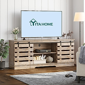 YITAHOME Farmhouse TV Stand for 65/60/ 55 Inch TV, Rustic Modern Entertainment Center for 300 lbs with Sliding Barn Door, Wood TV Media Console Storage TV Cabinet for Living Room, Grey Wash