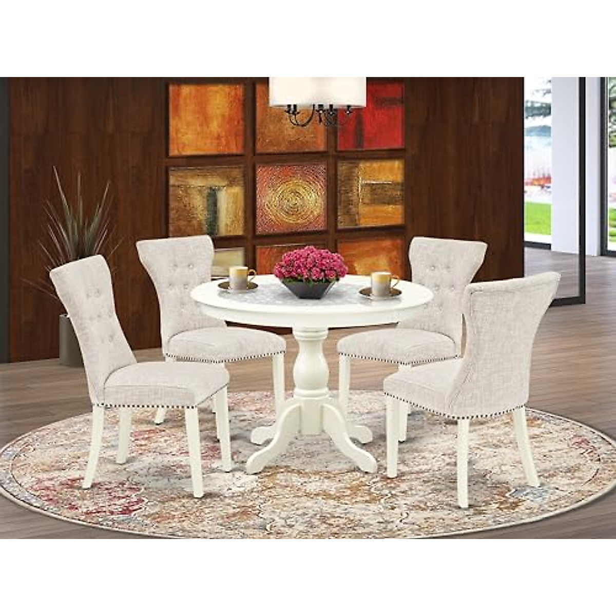 East West Furniture HBGA5-LWH-35 5 Piece Dining Table Set for 4 Includes a Round Kitchen Table with Pedestal and 4 Doeskin Linen Fabric Parsons Dining Chairs, 42x42 Inch, Linen White