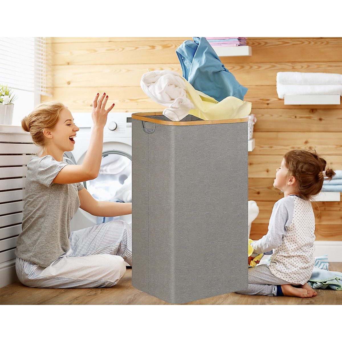 YCJYZLF Large Laundry Hamper with Lid and Bamboo Handles,Tall Collapsible Laundry Basket with Lid and Removable Laundry Bag,Foldable Clothes Hampers for Laundry,Bedroom,Dorm,Towels,Toys (100L,Grey)