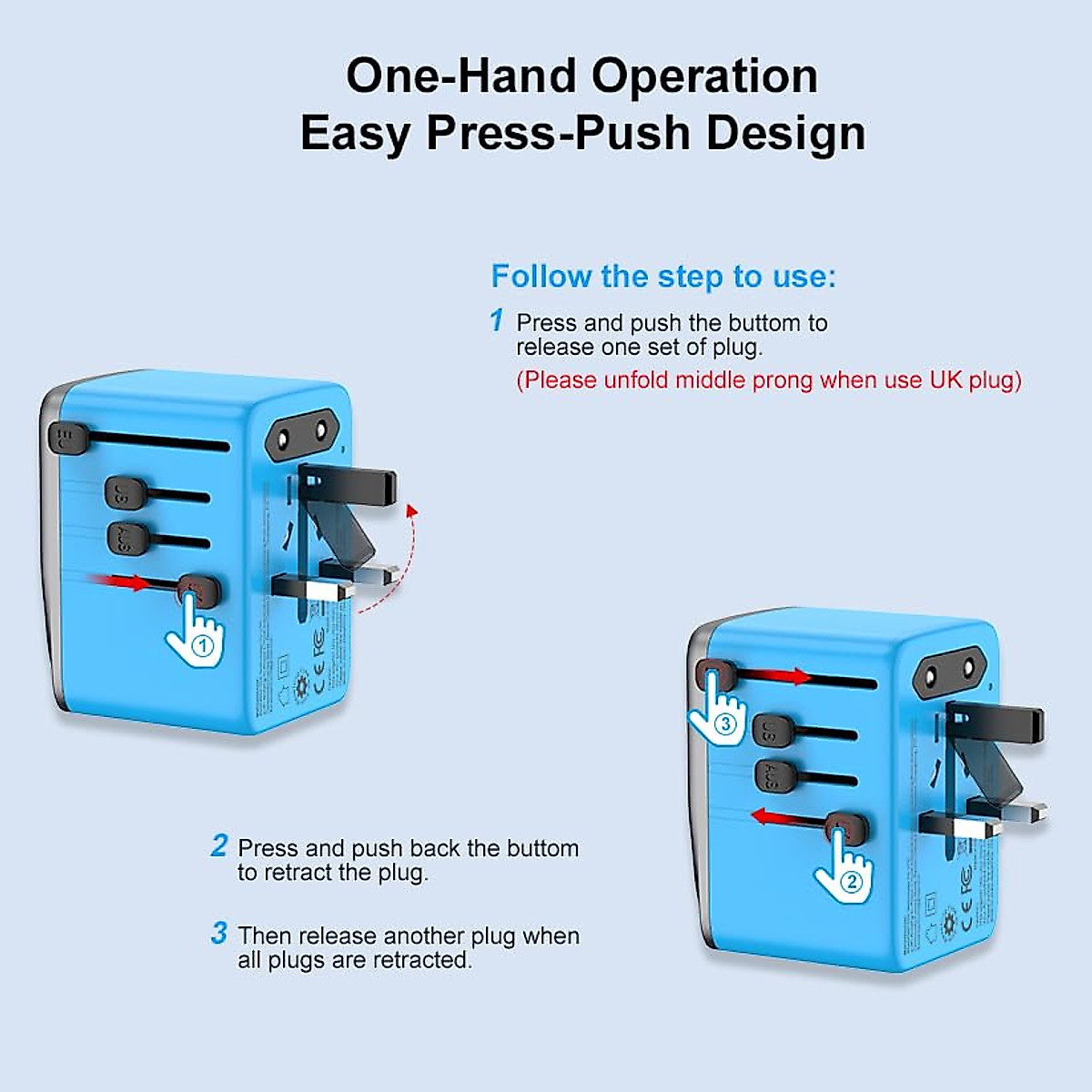 SAUNORCH Universal Travel Adapter, PD 35W 7 in 1 International Power Plug Adapter with 7.0A 4 USB-C and 2 USB-A Fast Wall Charger, Worldwide AC Outlet for US Europe UK AUS Asia - Blue