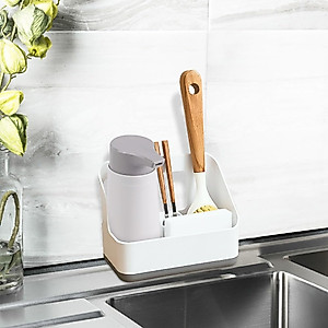 Kitchen Sink Caddy Dish Brush Sponge Holder with Divider and Removable Drain Pan for Brushes Dishcloth Scrubber Accessories, Dishes Caddies Organizer Storage with Drainer Drip Tray for Countertop