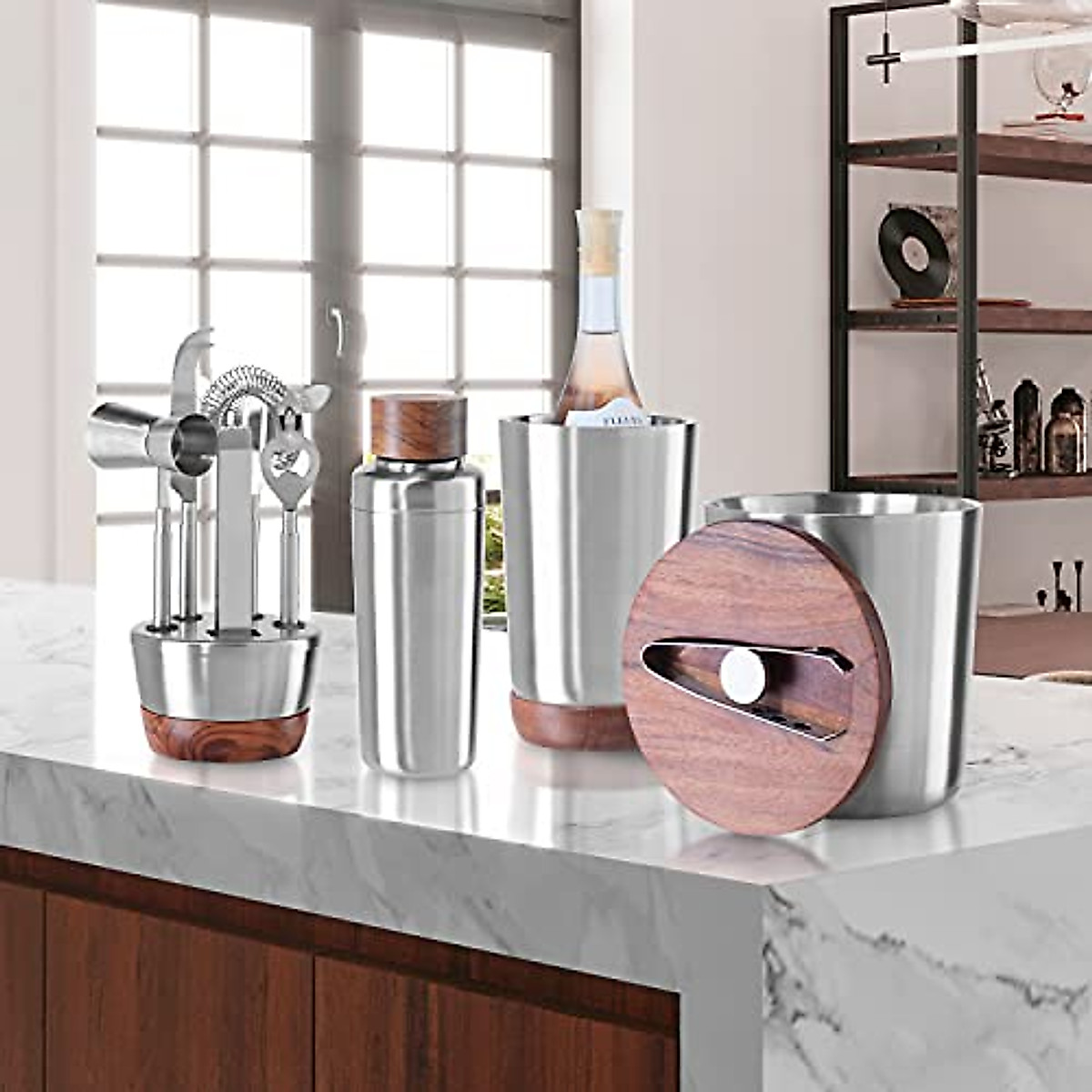 OGGI Modernist Stainless Steel Bar Tool Set w/Wood Accent- Ideal Bar Accessories, Cocktail Set, Bar Set, Bar Cart Décor; Includes Bar Knife, Ice Tongs, Drink Strainer, Double Jigger & Cap/Can Opener