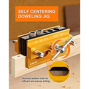 Kolvoii Self Centering Doweling Jig, Dowel Jig Kit Width Adjustable for Straight Holes Biscuit Joiner Tools with 3 High Speed Steel Drill Bits, 6 Drill Guide Bushings(Gold)