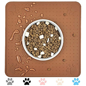Ptlom Pet Placemat for Dog and Cat, Waterproof Non-Slip Dogs Bowl Mat Prevent Food and Water Overflow, Puppy Dish Feeding Mats Suitable for Medium and Small Pets, Silicone (13" *13", Brown)