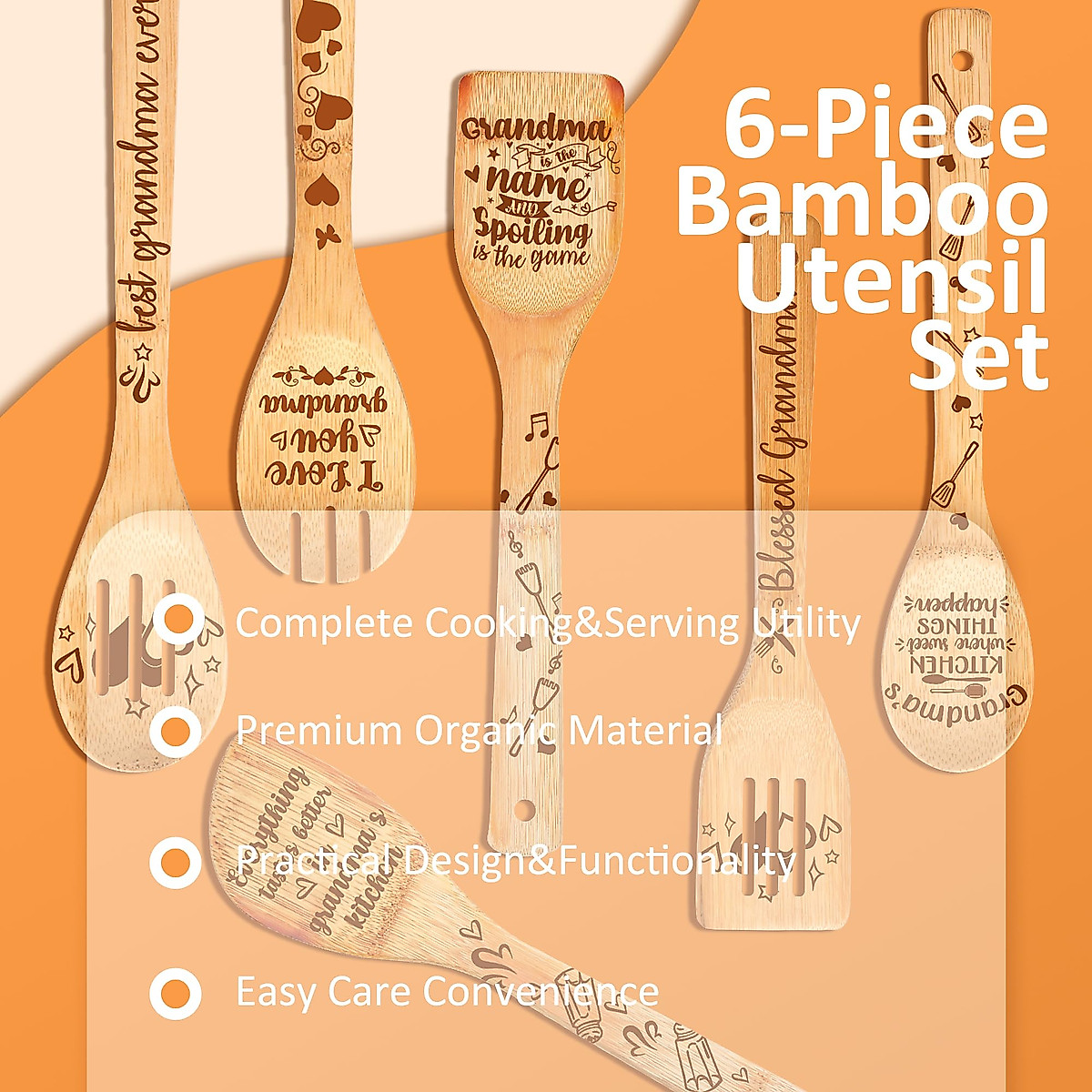 Gifts for Grandma Mothers Day, Grandma Ceramic Utensil Holder with Wooden Spoons Gifts Set, Thoughtful Gifts for Grandma from Grandkids Cooking Tools Kitchen Utensils Set with Wooden Spatulas for 6