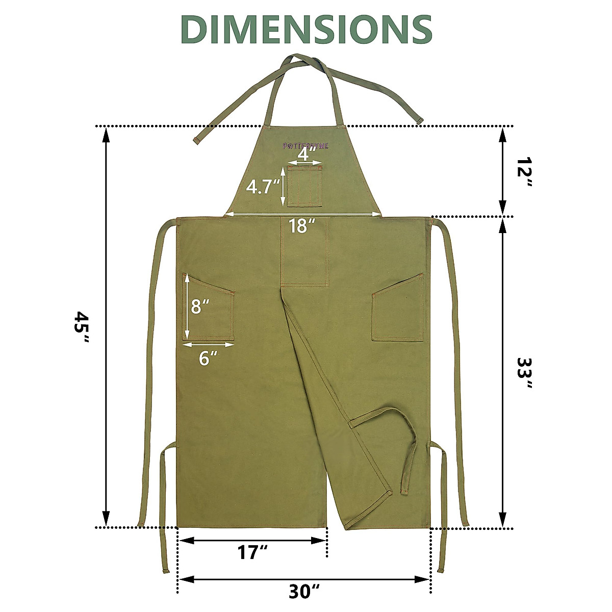 Potterhyme Full Coverage Pottery Apron Split Leg - 100% Cotton Canvas Potter's Aprons For Men & Women - For Ceramic Wheel Throwing, Woodturning, Painting, Leather Carving, and Clay or Tattoo Artists