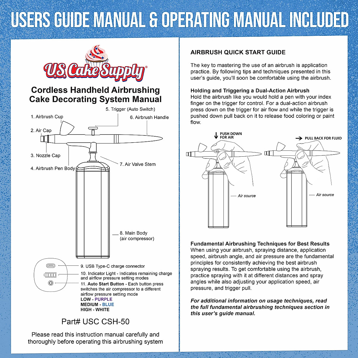 U.S. Cake Supply - Cordless Handheld Airbrushing System Kit - 15 to 30 PSI, Rechargeable Professional Airbrush Artist Set, How to Guide - Decorating Cakes, Cupcakes, Paint, Hobbies Crafts, Makeup, Art