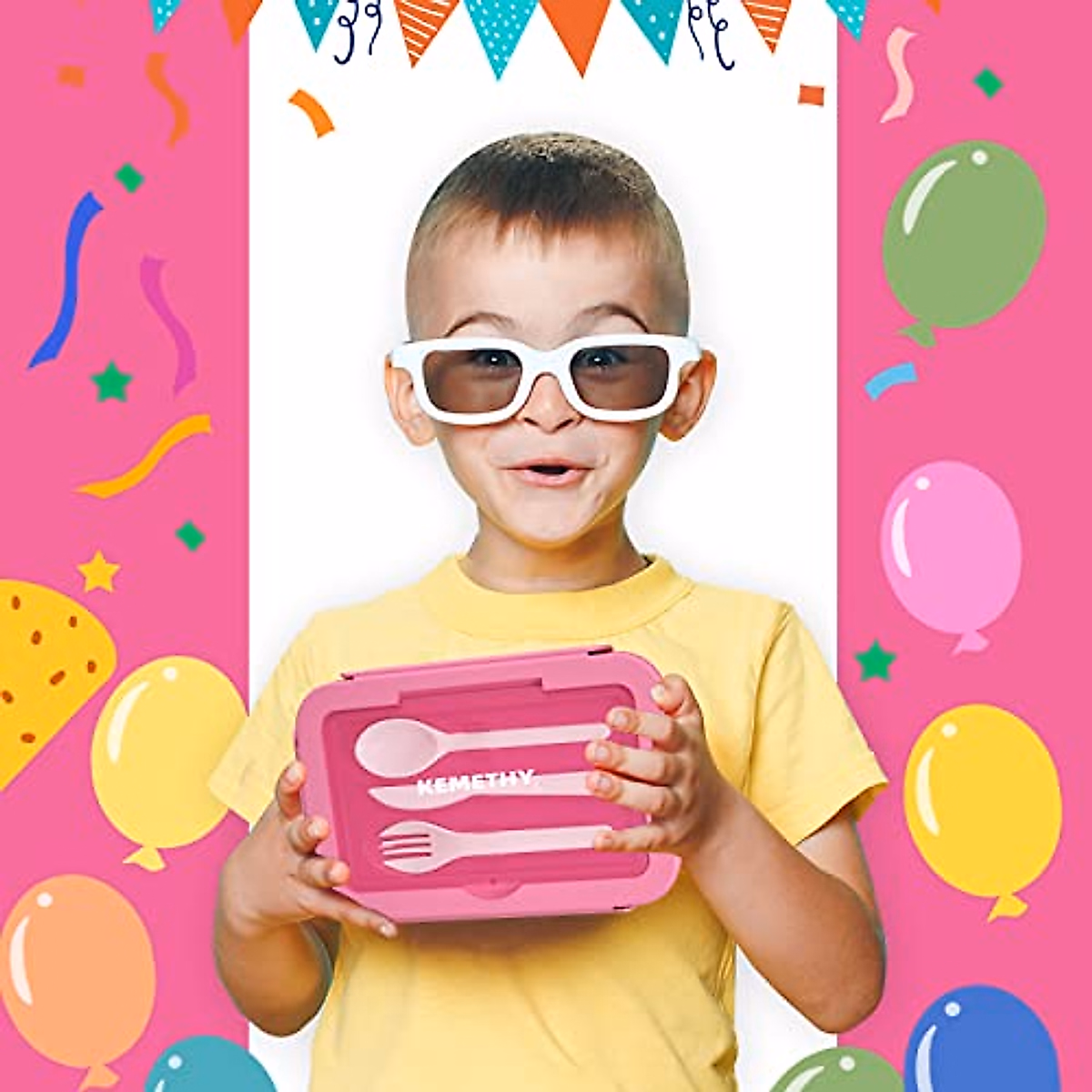 Bento Lunch Box for Kids, 4 Compartment Lunch Boxes Kids, Cutlery Storage Built-in Utensil Set, Leak-proof, Thicken, Microwave/Dishwasher/Freezer Safe, BPA-Free, Pink