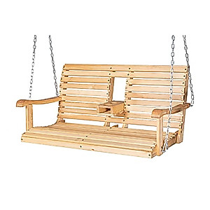 GDLF 4FT Porch Swing Chair Garden Patio Swing Bench Solid Wood Hanging Bench with Foldable Cupholder Heavy Duty Chains