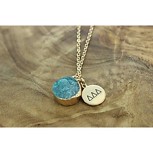 Sorority Shop DDD Necklace - Delta Delta Delta Light Blue Druzy Gemstone Necklace With Engraved Pendant – 14K Gold Dipped Jewelry with Light Blue Gemstone – Sorority Gift, Charm Paraphernalia