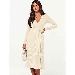 ANRABESS Women's 2024 Long Sleeve Sweater Dress Wrap V Neck Pleated Ribbed Knit A Line Belted Tie Waist Midi Dress Beige Medium