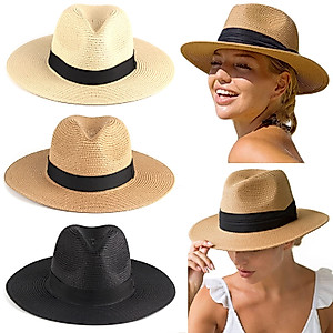 3 Pieces Straw Fedora Wide Brim Panama Hat Summer Beach Sun Hat for Women Men Multicolor