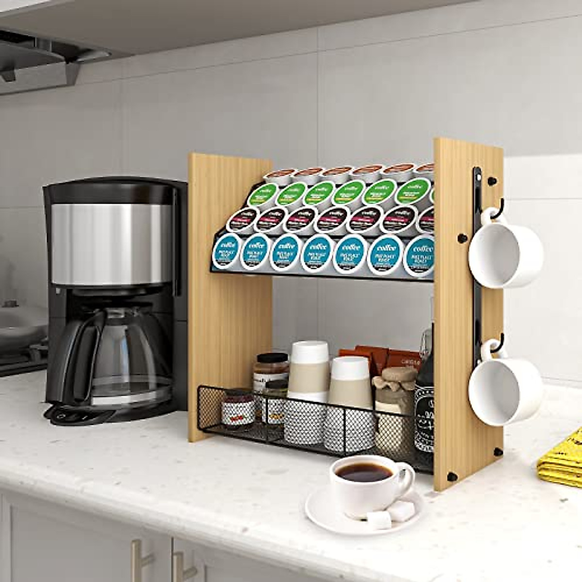 Mefirt K Cup Holder, Large Capacity Coffee Pod Holder Coffee Bar Accessories and Cup Storage Organizer, K Cup Holders for Counter Bamboo Coffee Station Organizer for Home, Kitchen, Office, Countertop