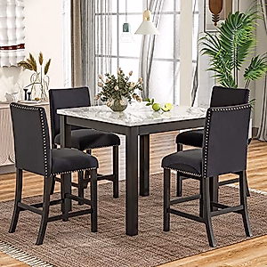 HomSof 42" L x42 Wx36 18.5" Wx23.2 Dx39.8 H 5-Piece Counter Height Set with One Faux Marble Dining Table and Four Upholstered-Seat Chairs, Blue+White 4