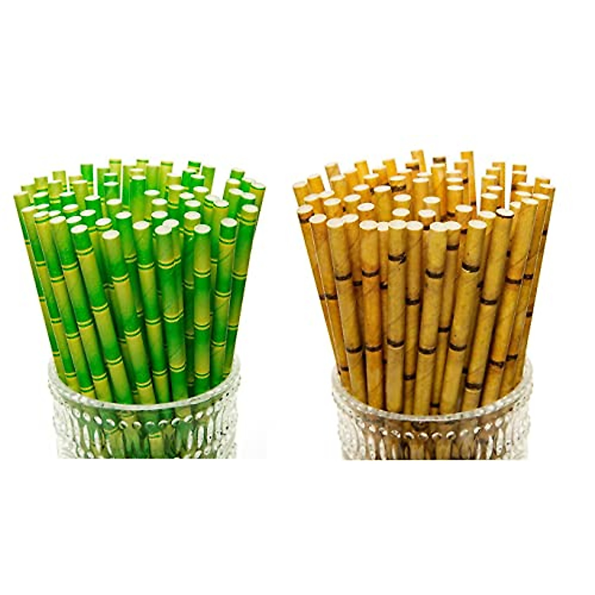 YEHAM 100 Pc 2 Colors Biodegradable Bamboo Print Paper Drinking Straws for Juices Shakes Birthday Wedding Party Supplies