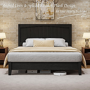 YUMPIE Queen Size Solid Wood Bed Frame with 48" High Headboard, Mid-Century Modern Wooden Platform Bed Frame, Metal & Wooden Slats Support, No Box Spring Needed/Noise Free, Black