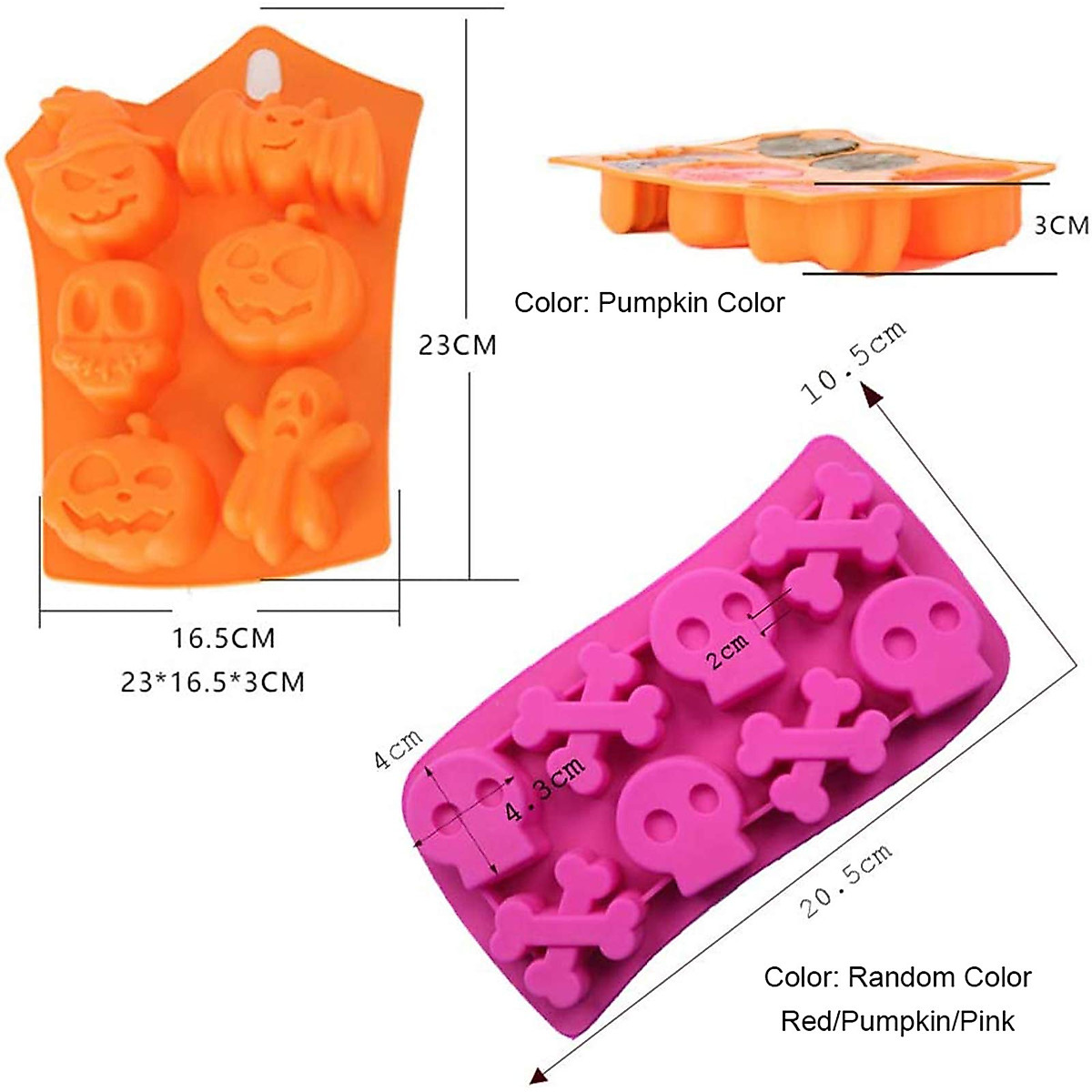 2 Pcs Halloween Silicone Baking Molds,6-Cavity Silicone Bat Pumpkin Face Skull Ghost Jelly Chocolate Mould,8-Cavity Skull Crossbones Ice Cube Trays,Candy Bread Soap Muffin Pumpkin Fondant Mold