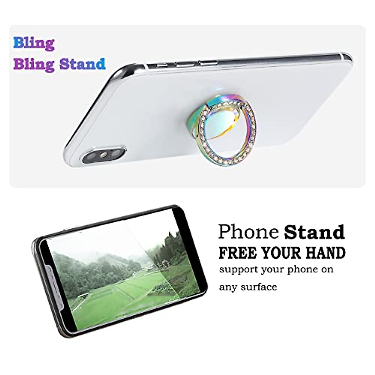 lenoup Iridescent Glitter Bling Bling Phone Ring Holder,Sparkle Phone Ring Grip Artificial Stand with Flat Diamond,Flat Rhinestone Cell Finger Ring for Phones,Pad(Rainbow)