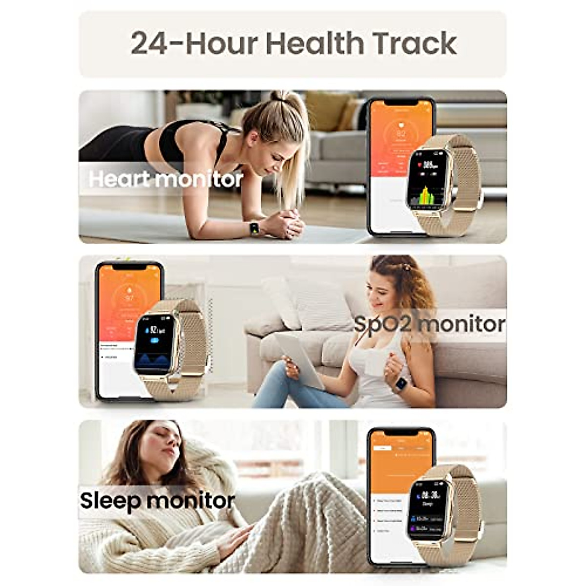 Smart Watches for Women (Answer/Make Call), Bluetooth Smartwatch for Android Phones and iPhone, Waterproof Fitness Tracker with Text, Heart Rate, Blood Oxygen, Sleep Monitor (Gold)