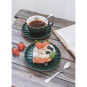 Amazingware Porcelain Tea Set - Tea Cup and Saucer Set Service for 6, with 28 ounces Teapot Sugar Bowl Cream Pitcher Teaspoons and Tea Strainer - for Thanksgiving - Pumpkin Fluted Shape, Dark Green