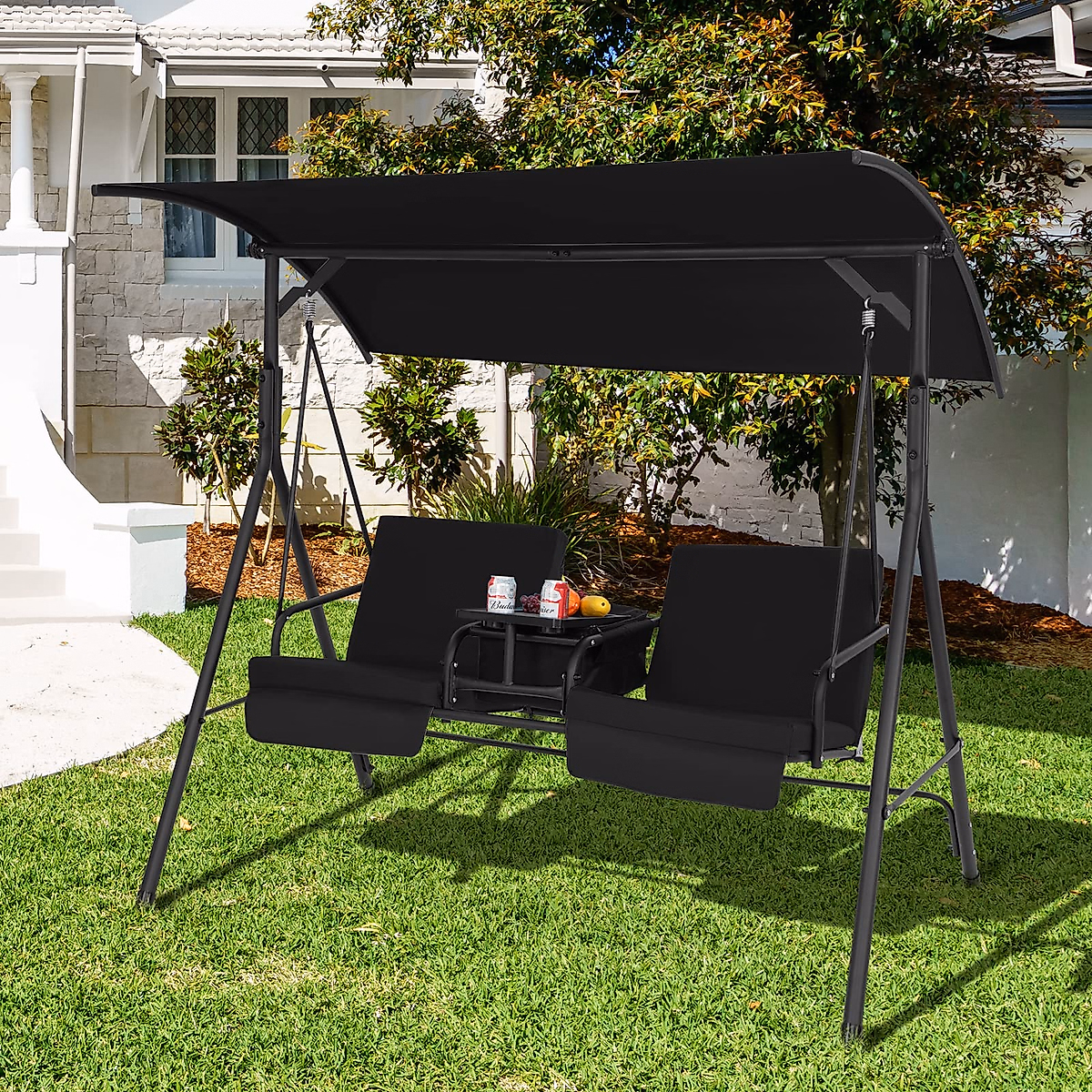 Tangkula 2 Person Porch Swing, Outdoor Swing with Pivot Storage Table, Cooler Bag, 2 Cup Holders, Removable Cushions, Patio Swing with Canopy for Backyard Balcony Poolside (Black)