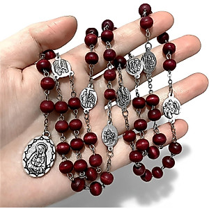 lulucross Seven Sorrows of Mary Rosary Chaplet Rose Scented 7 * 8mm Wooden Beads Catholic Jewelry Necklace for Pray (Red)