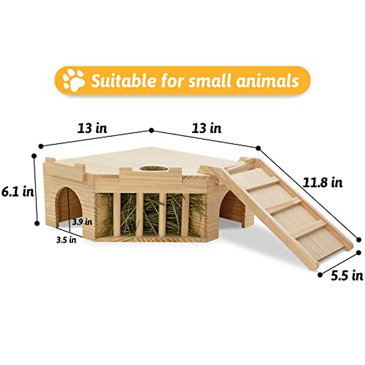 Fhiny Guinea Pig Wooden Castle with Hay Holder, Ventilated Chinchilla Hideout with Feeding Bowl Ladder, Small Animal Multi Chamber Hideaway for Young Guinea Pigs Chinchillas Hedgehogs