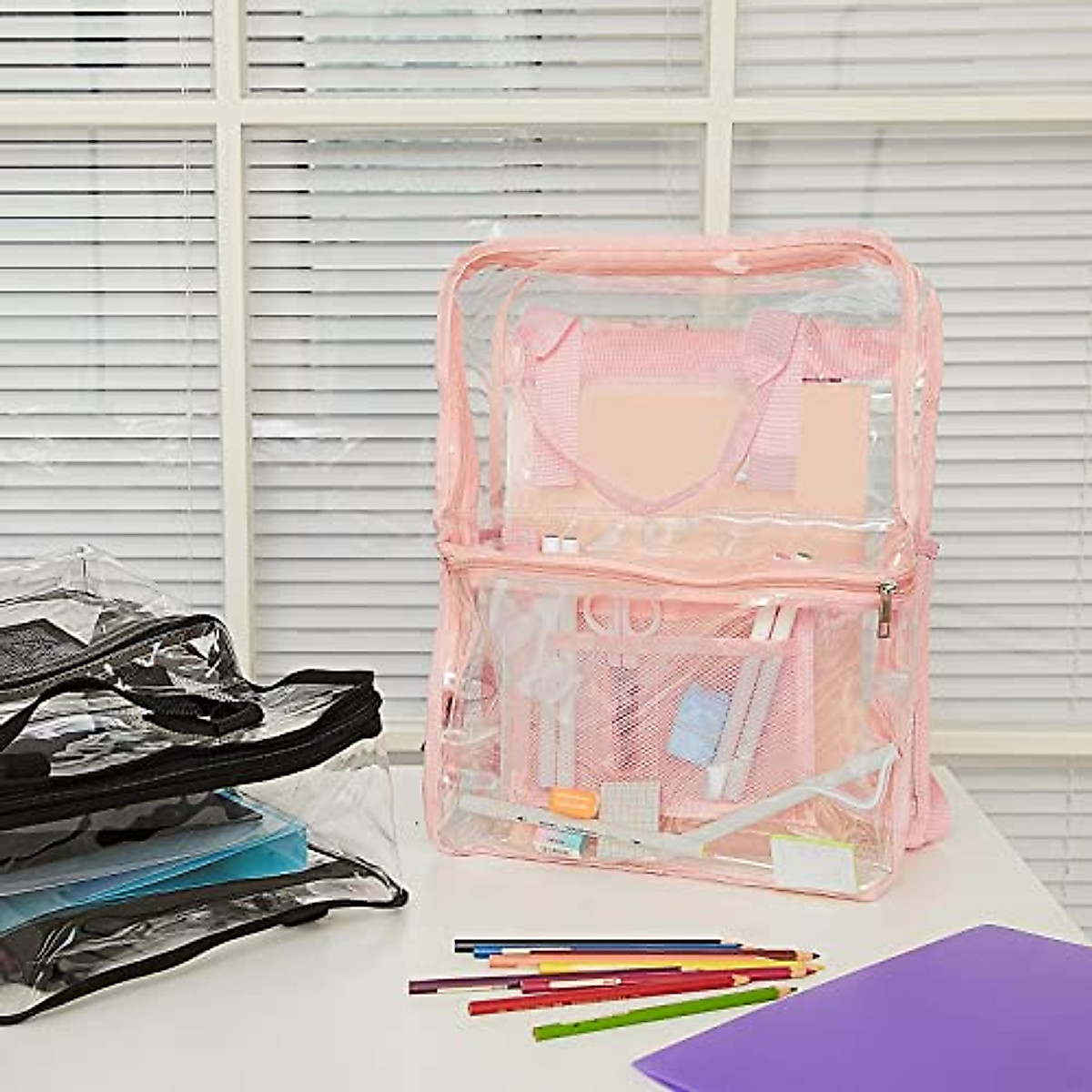 Silkfly 2 Pcs Clear Backpack Stadium Approved Heavy Duty Transparent Bookbag Large Clear Book Bag See Through Backpack Plastic Backpack PVC Backpacks for School Work Women Men, Black and Pink