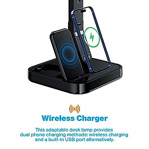 Ambertronix LED Desk Lamp, Patented Vertical Wireless Charger, 14W, 530 Lumens, Table Lamp with USB Charging Port, Dimmable Eye-Caring, 5 Brightness & 4 Light Modes, Touch Control, Auto Timer