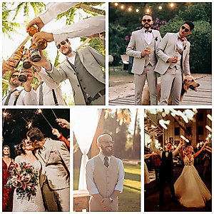 MAGE MALE Men's Linen 2 Piece Suit Slim Fit Wedding Groomsmen Summer Vest Pants Set with Pocket Square