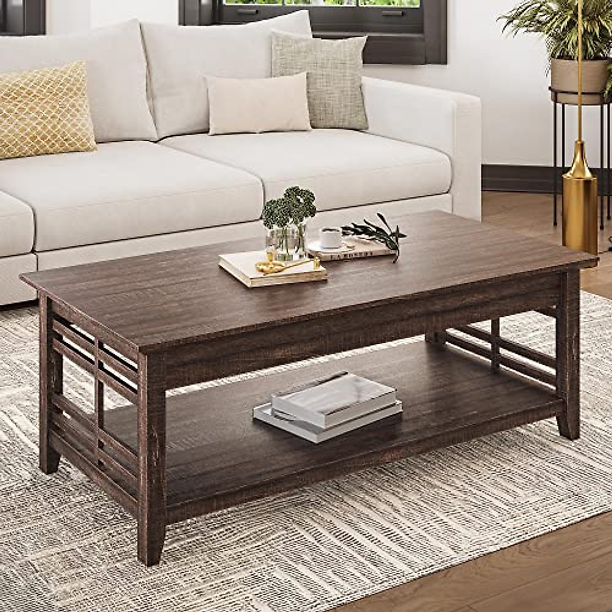 BELLEZE Modern Wood Coffee Table with Storage Shelf Two Tier Rectangular Stylish Decor for Living Room Conversation Leisure Occasions - 48 Inch - Norrell (Espresso)