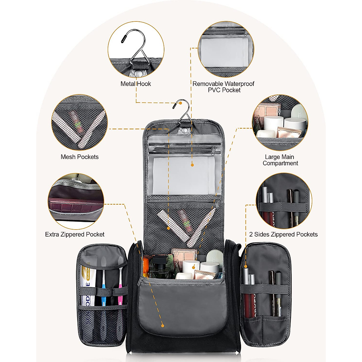 MULISOFT Toiletry Bag for Women and Men, Water-resistant Travel Makeup Bag with Hanging Hook, Compact Travel Toiletry Organizer Bag, Makeup Organizer Bag for Cosmetics, Dopp Kit Shaving Bag, Black