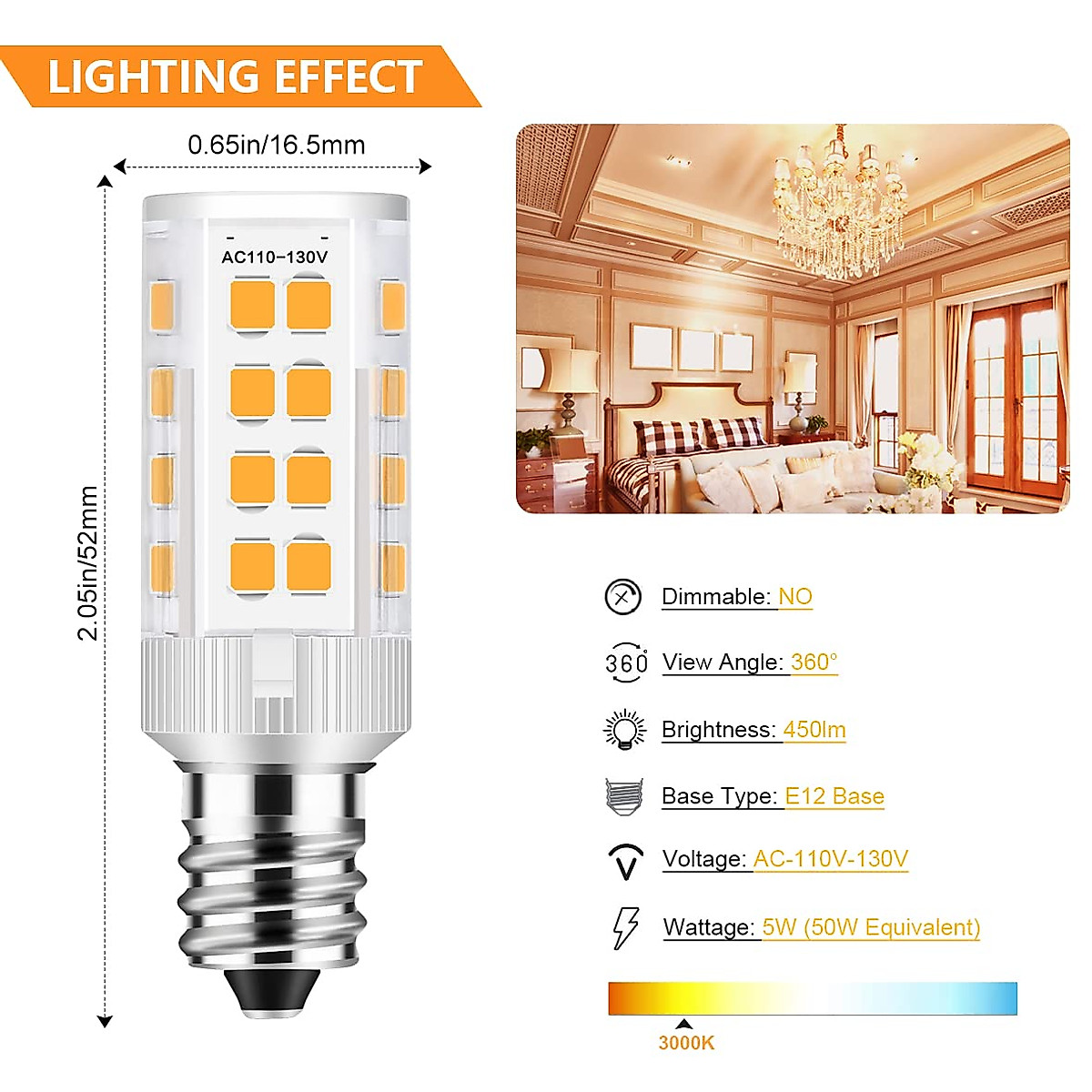 Amazing power E12 LED Bulbs, 5W LED Candelabra Bulbs 50W Equivalent Candelabra Base Light Bulb for Chandelier Lighting Warm White 6-Pack