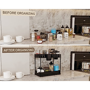 SLAH Pack of 2 Under Sink Organizers and Storage for Bathroom - 2 Tier Undersink Storage with Sliding Drawer and Hanging Hooks - Multi-purpose Organization for Kitchen Sink Organizer Under Cabinet