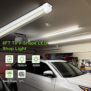 hykolity 60W 6FT LED Shop Light, 7800lm 6500K Super Bright White Linkable Ceiling Light Fixture, V Shape Integrated T8 LED Tube Light with Built-in ON/Off Switch for Workbench, Cabinet, ETL, 4 Pack
