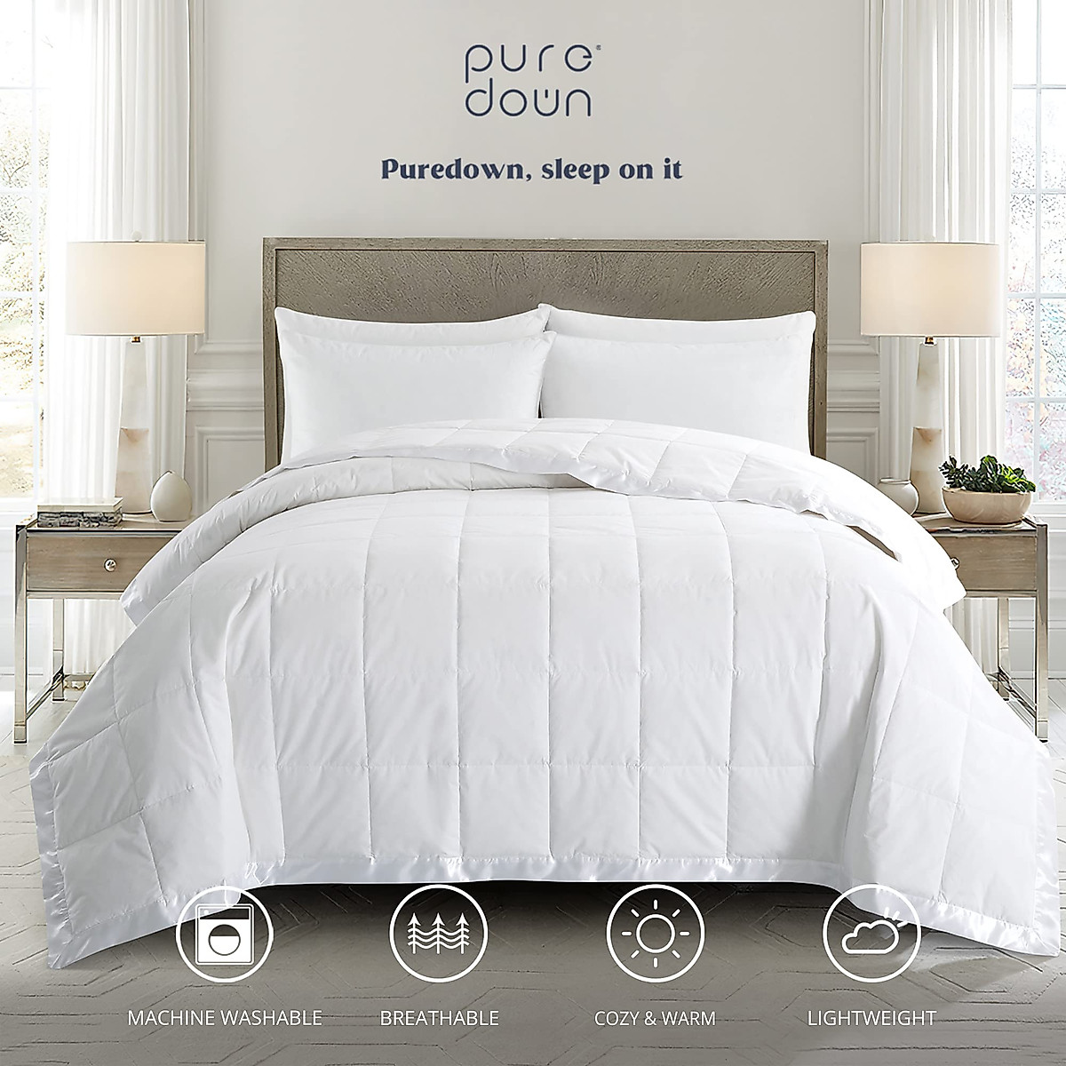 puredown® Blankets Queen Size - Soft Lightweight Down Blanket for All Seasons, Cozy Warm Luxury Bed Blanket with Satin Trim, Cotton Cover, White (90"X90")