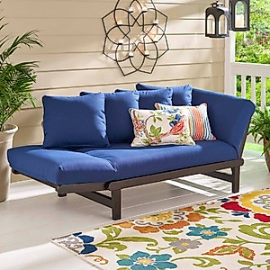 Outdoor Convertible Sofa Daybed Futon Deep Seating Adjustable Wood Patio Furniture with Blue Cushions