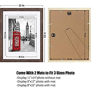 11x14 Rustic Picture Frames Solid Wood Distressed Brown Display Picture 9x12 or 8x10 with Mat or 11x14 Frame without Mat - Farmhouse Wooden Photo Frame 11x14 with 2 Mats for Wall Mounting or Table Top