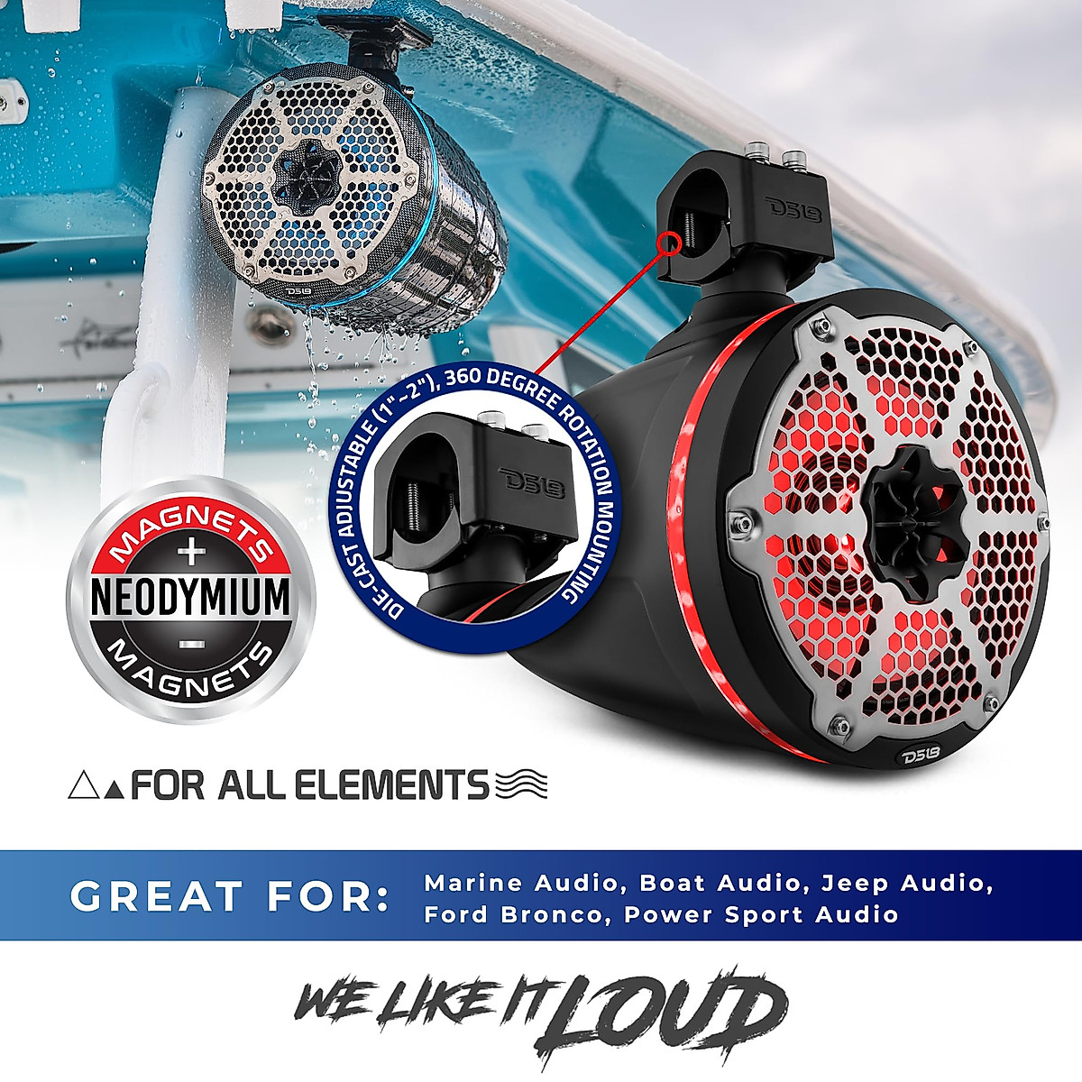 DS18 NXL-X8TPNEO/BK 8" Neodymium Marine Towers with Built-in Passive Radiator, 1" Driver and RGB LED Lights - High Performance, Marine Grade IP65 Rated, 550W Max 180W RMS 4 Ohms (Pair)