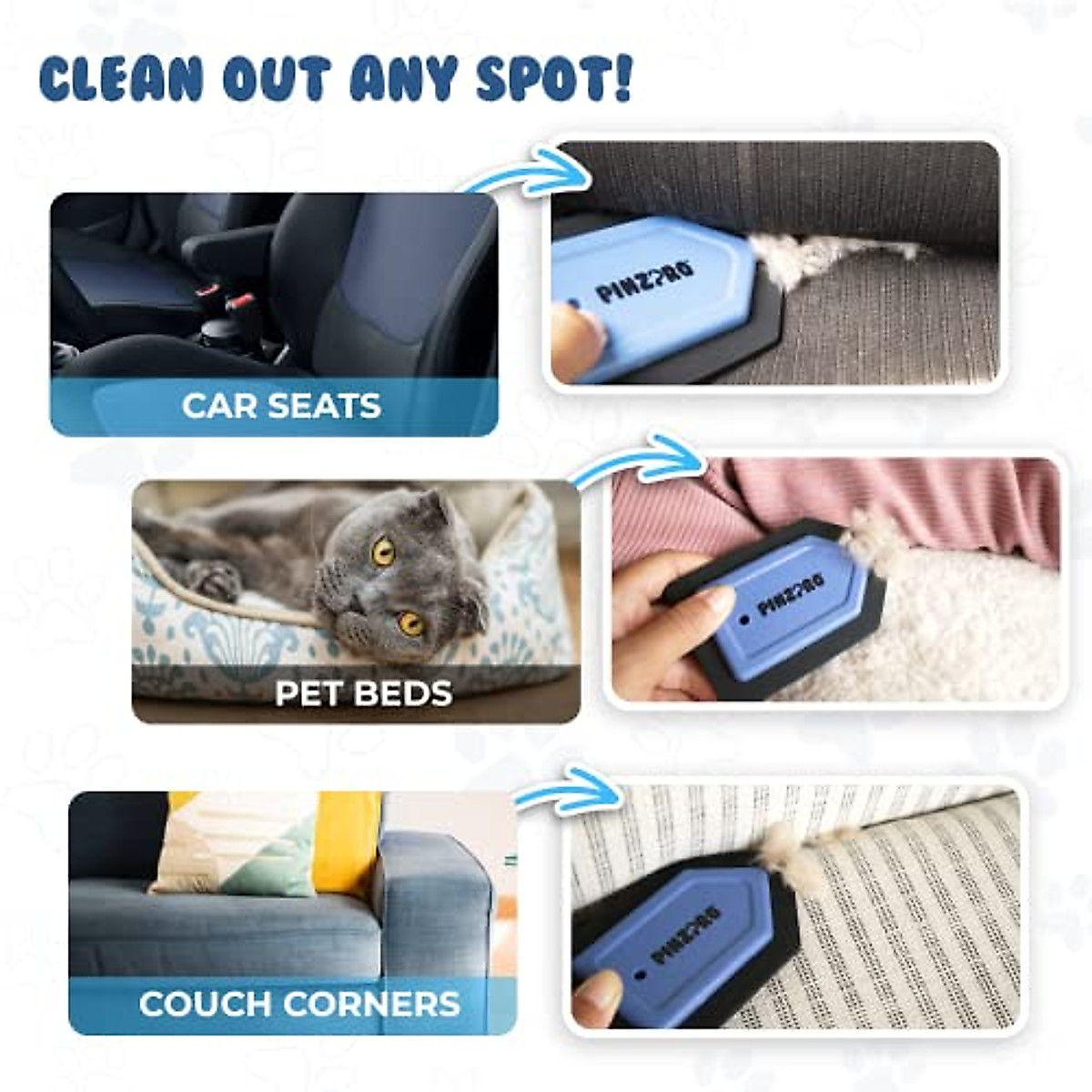 Pet Hair Remover + Bonus Mini Pet Detailing Brush - Reusable Lint Roller - Cat Hair Remover Roller - PinzPro Dog Hair Remover Set for Carpet, Couch, Bed, Car Seat.
