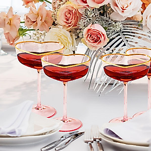 LUXULISH Heart-Shaped Martini Glasses with Golden Rim, Stunning Pink Coupe Glasses Set of 4, Great Cocktail Gift Choice for Wedding, Valentine's Day, Birthdays, Anniversary or Special Date Night - 8Oz