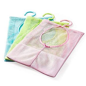 DurReus Multipurpose Clothespin Bag with Hanger Pink Blue Green Hanging Mesh Drying Bag Laundry Shower Caddy Kitchen Bathroom Storage Organizer 3 Pack