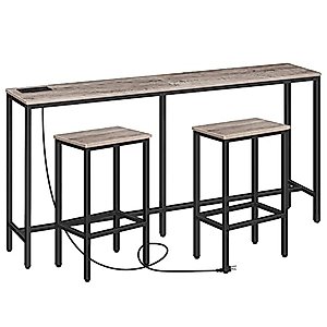 ALLOSWELL Console Table with Power Outlet, 63" Narrow Sofa Table and Bar Stools Set, Rectangular Industrial Bar Chairs, CTHG16E01-BAHG0101